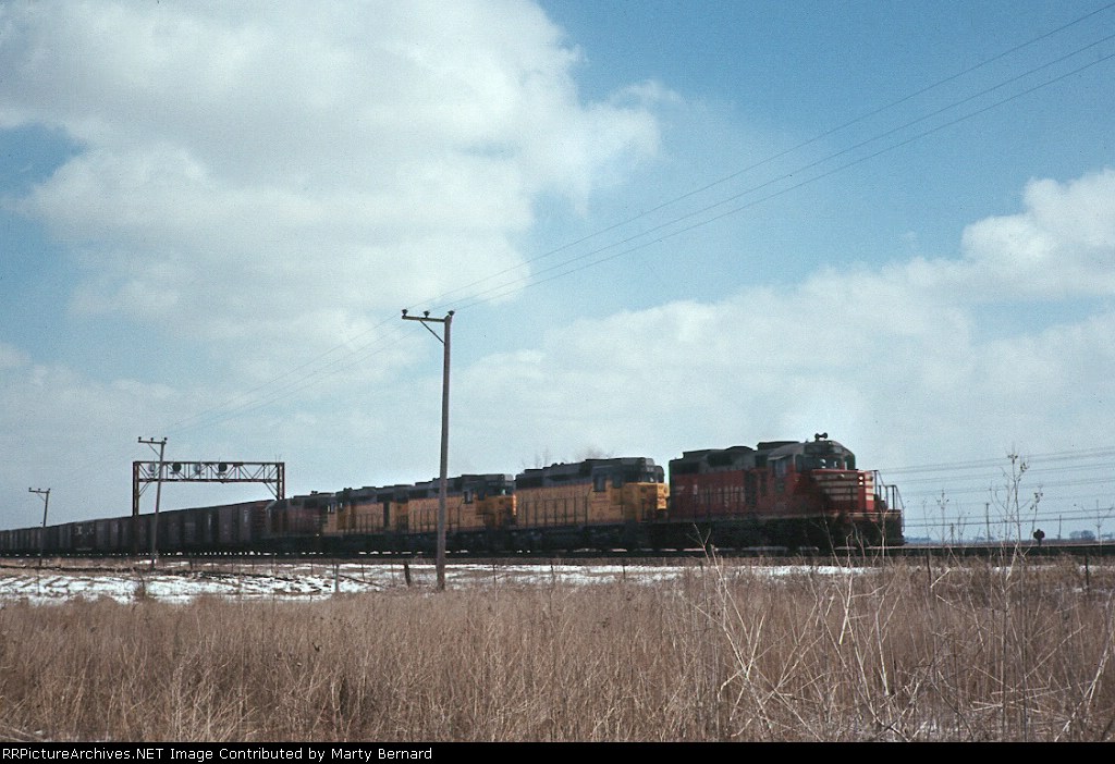 A CB&Q GP20 at Both Ends of This Lash Up with 3 UP GP30s in the Middle in 1965